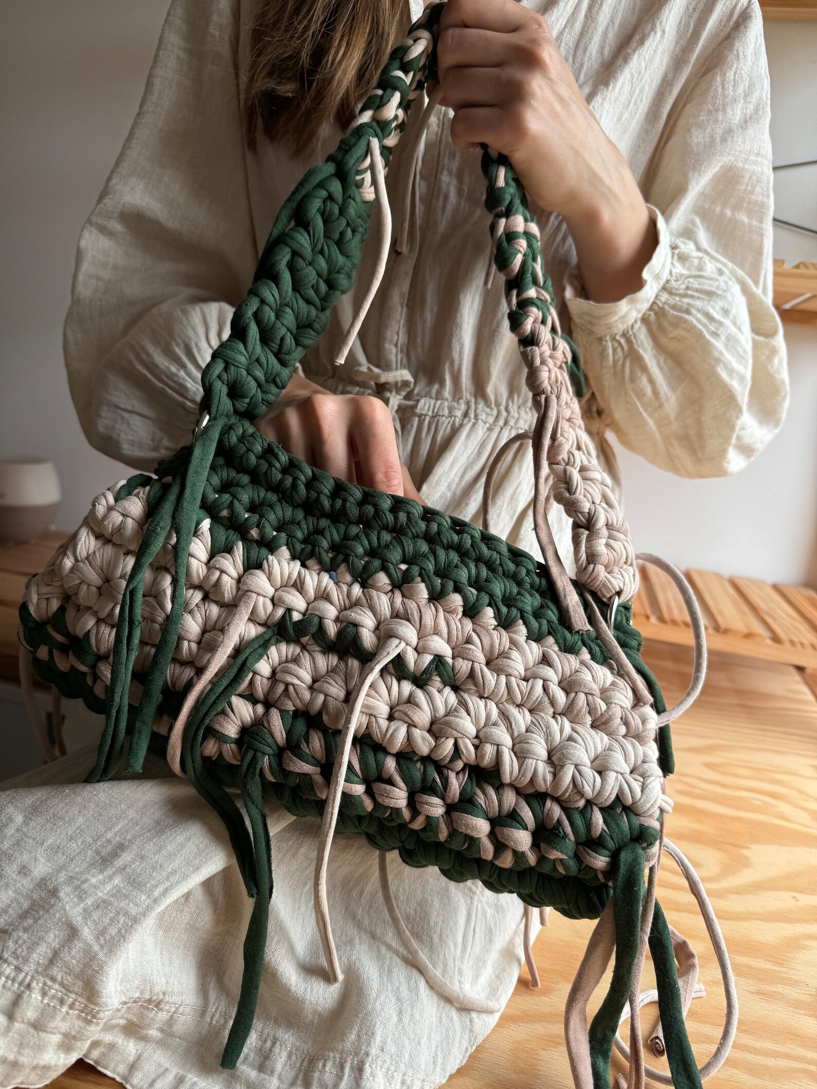 Crochet PYRAMID Bag Brown Beige Khaki Green BUZO - Etsy