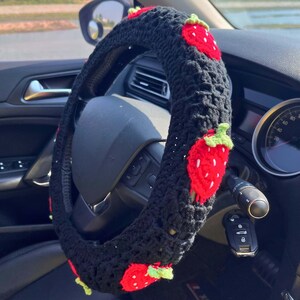 Crochet Pink Steering Wheel Cover for Women, Handmade Black Strawberry ...