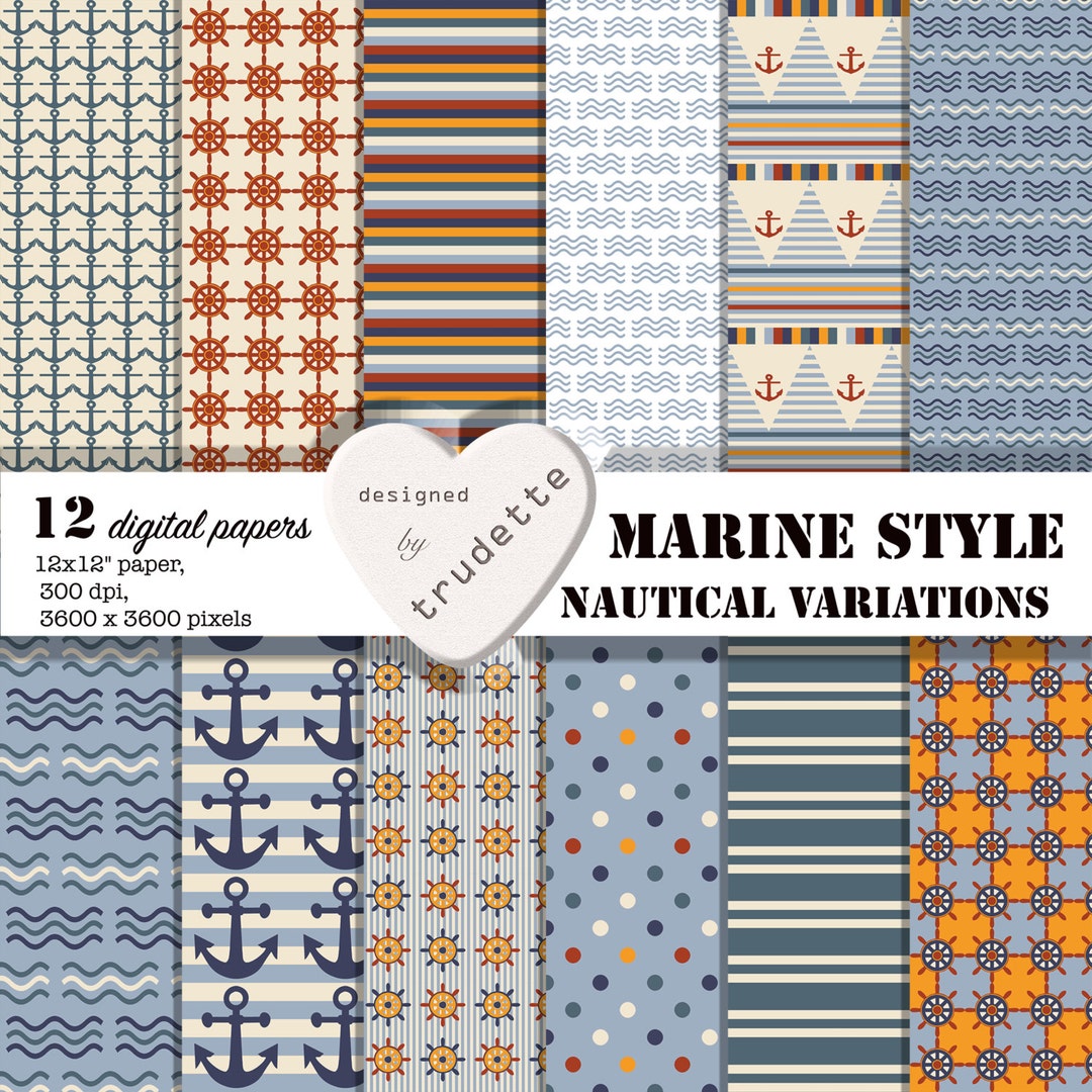 Marine Style, Digital Paper Pack, Anchors, Flags, Waves, Polka-dot ...