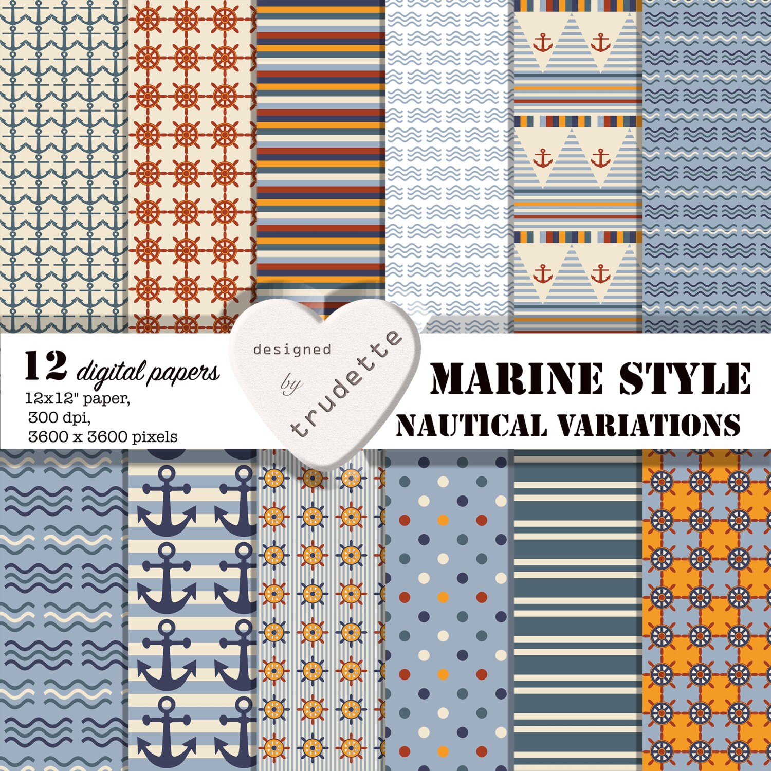 Marine Style Digital Paper Pack Anchors Flags Waves - Etsy