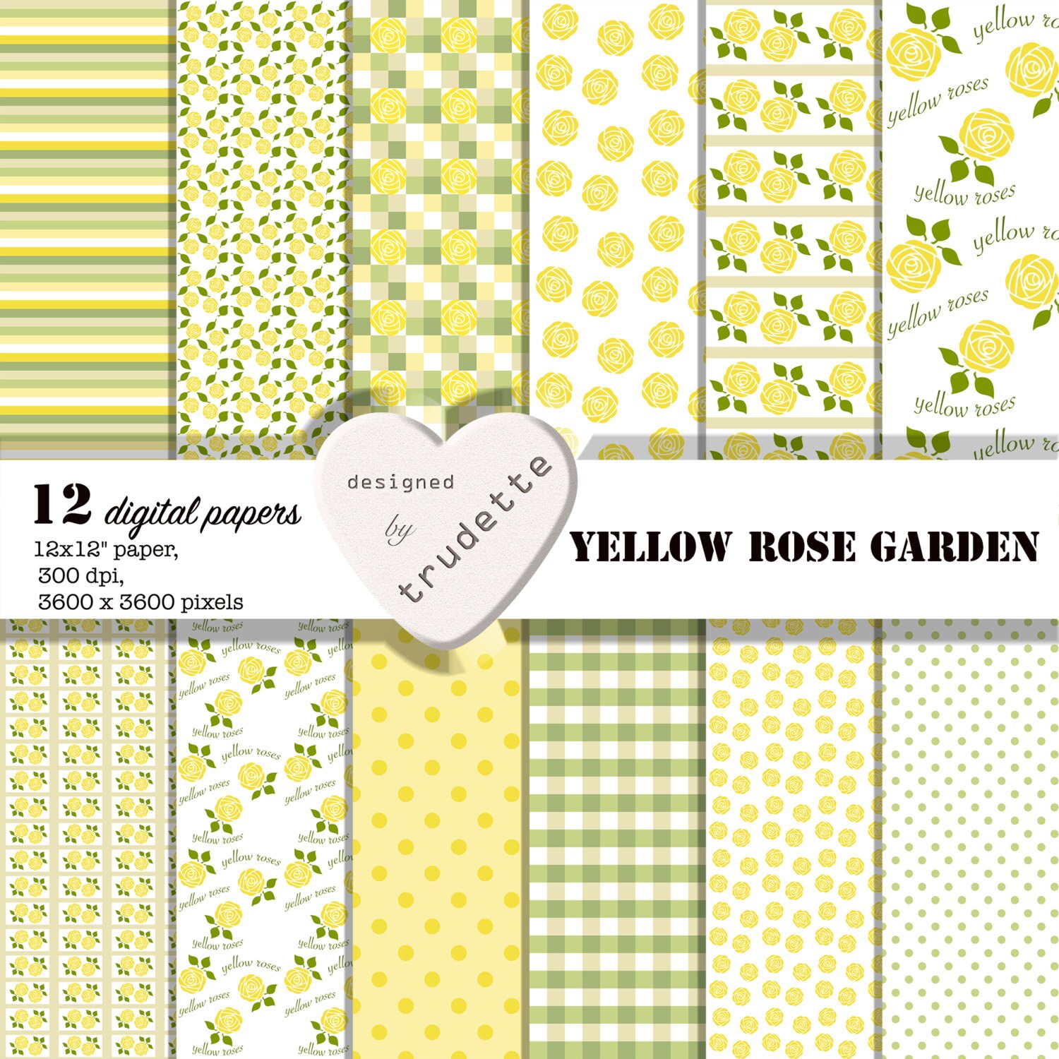 Yellow Rose Garden, Digital Scrapbook Paper Pack, Card Making, Digital ...