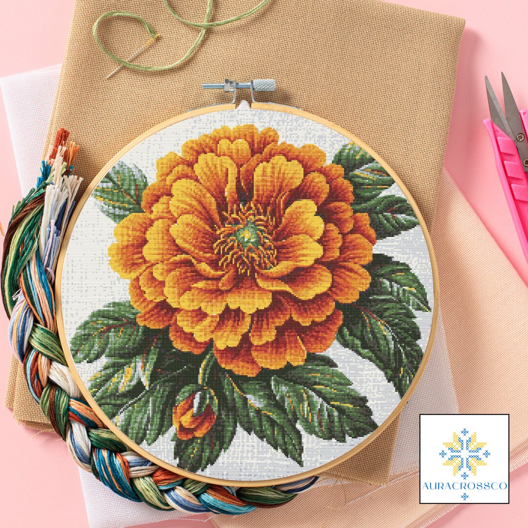 Marigold Cross Stitch Pattern Embroidery, Floral Cross Stitch Designs, Cross Stitch Chart ...
