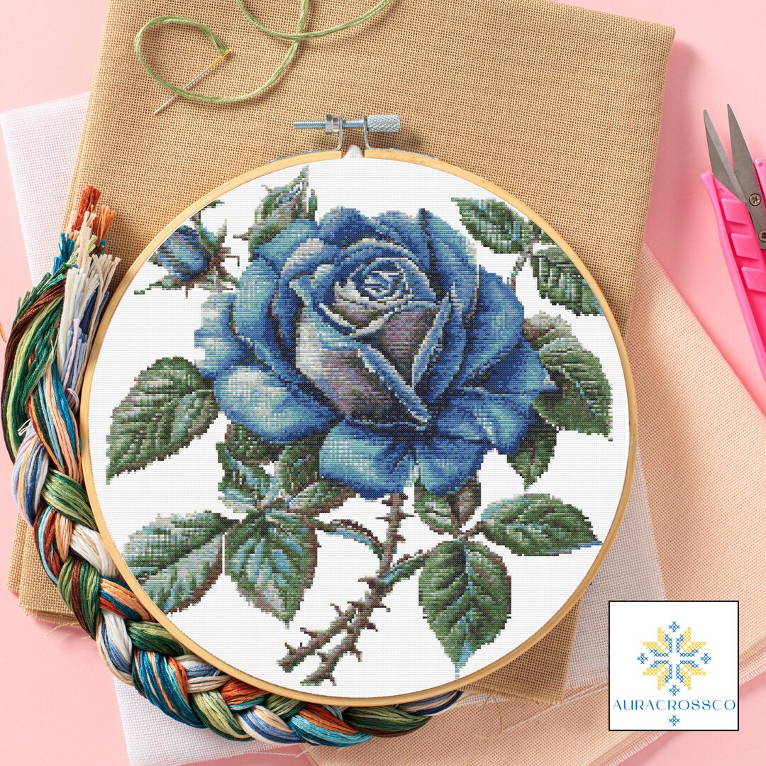 Blue Rose Cross Stitch Pattern Embroidery, Floral Cross Stitch Designs ...