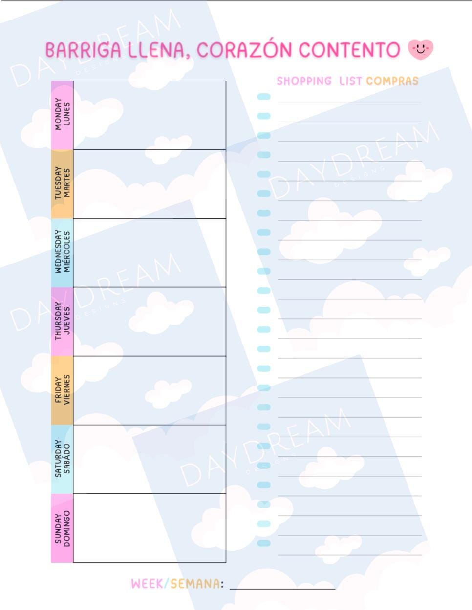 Bilingual Printable Weekly Meal Planner (spanish/english)- Barriga ...