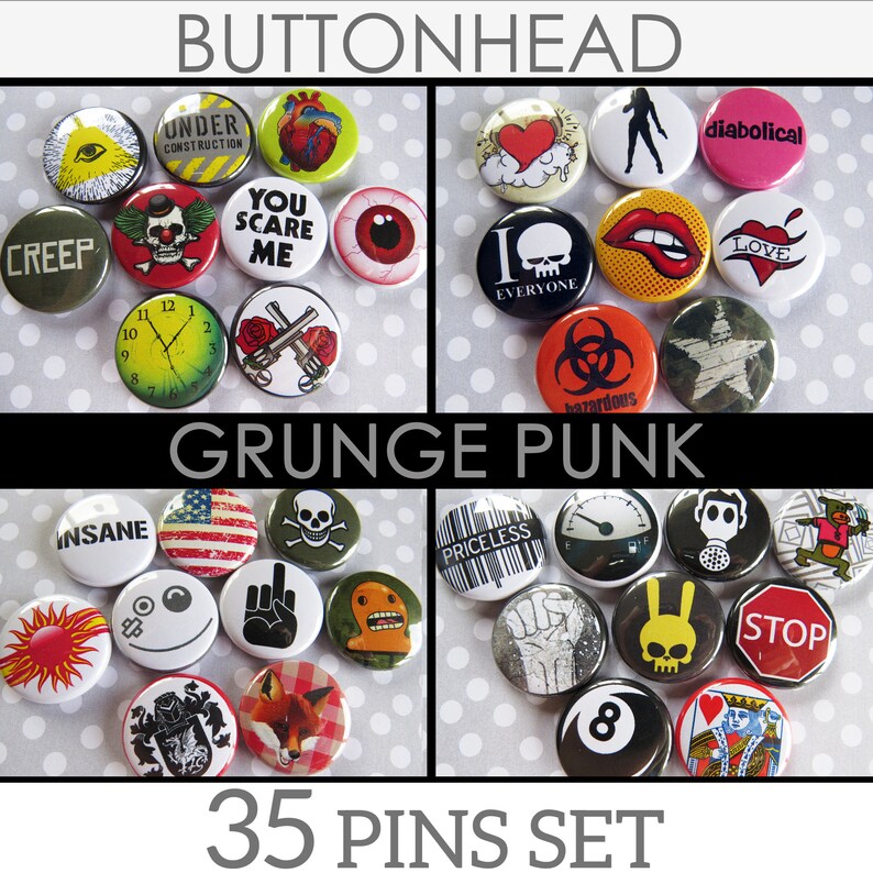 Punk Grunge Buttons Pins Rebel Set Pack of 35 - 1” Pinback Collectible ...
