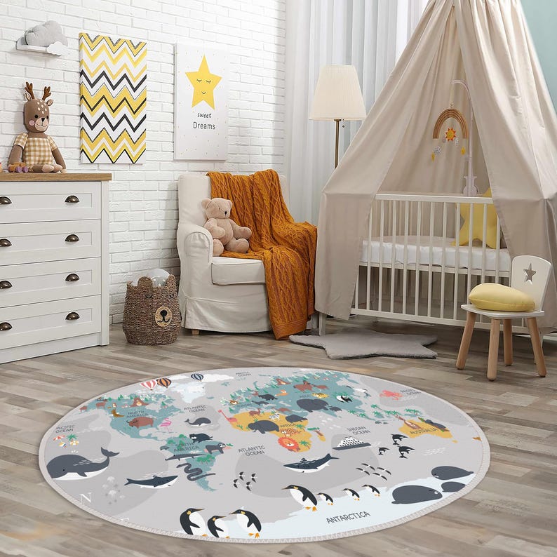 World Map Round Rug, World of Kids Rug, Nursery Rug, Play Rug, Play Mat ...