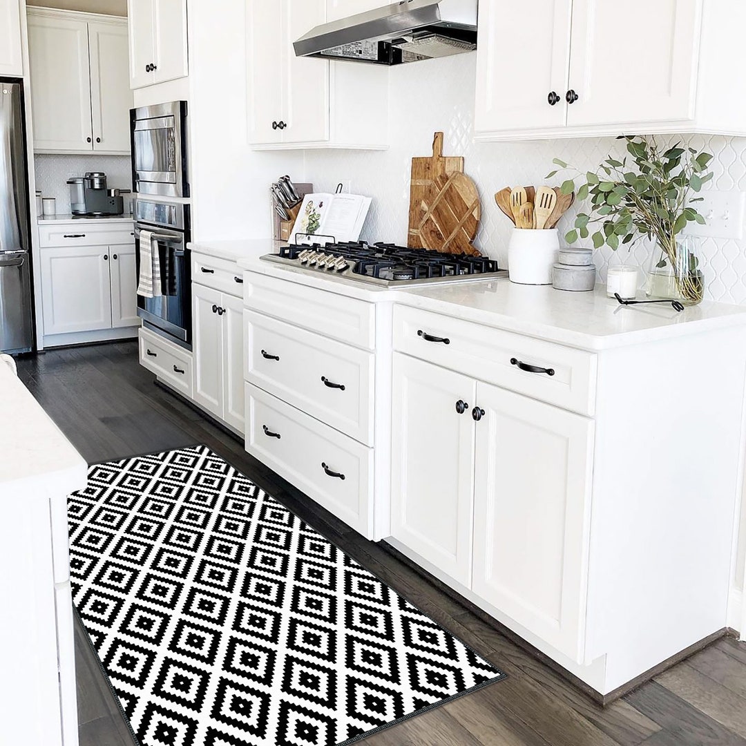 Light White-black Vinyl Runner Rug or Kitchen Runner Mat and Moroccan ...