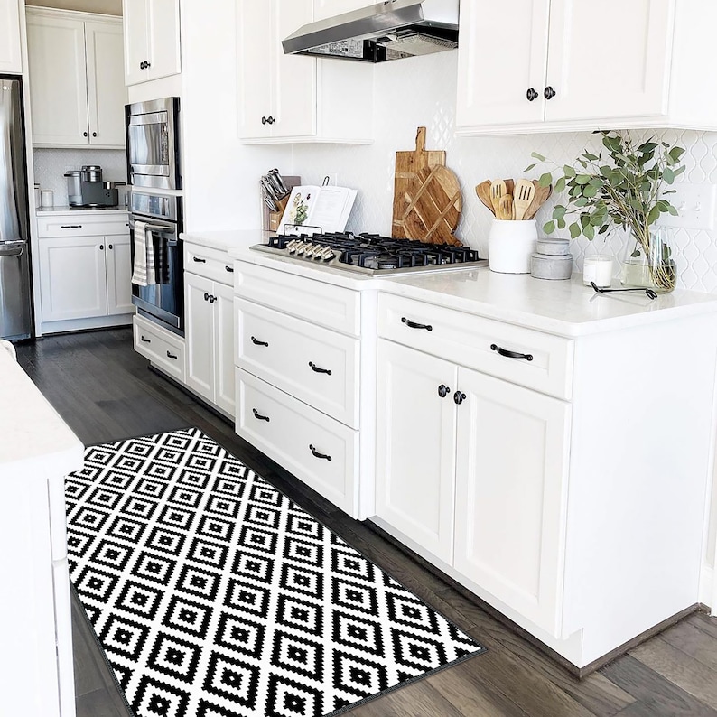 Light White-black Vinyl Runner Rug or Kitchen Runner Mat and Moroccan ...