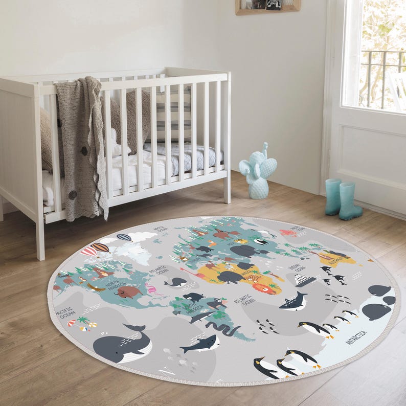 World Map Round Rug, World of Kids Rug, Nursery Rug, Play Rug, Play Mat ...