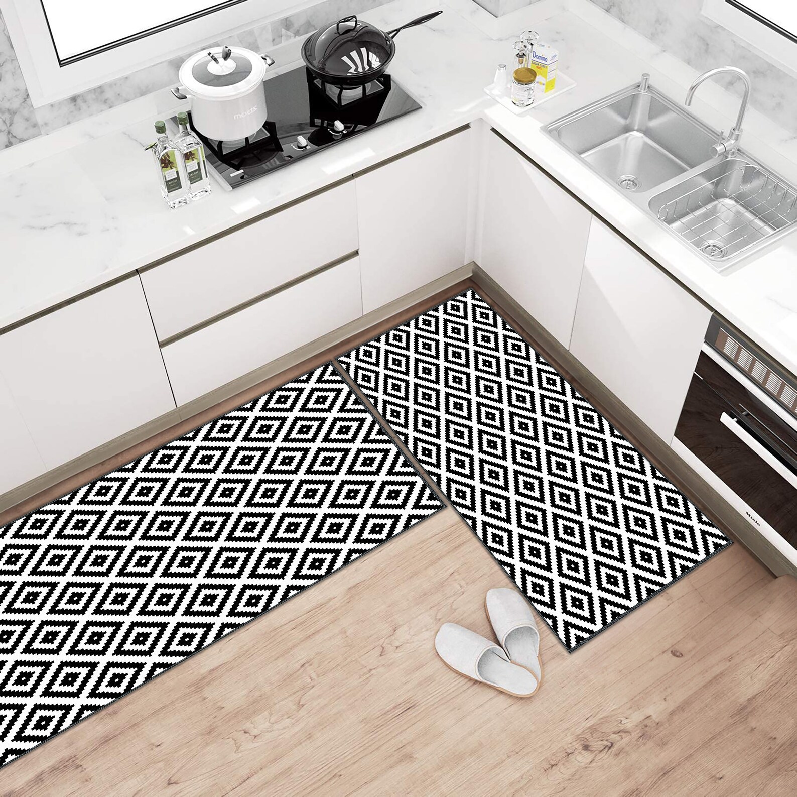 Light White-black Vinyl Runner Rug or Kitchen Runner Mat and Moroccan ...