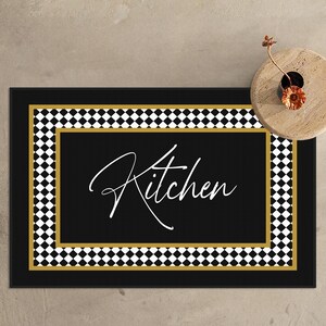 Kitchen Written Rug, White Black Checker Rug, Washable Rug, Kitchen Rug ...