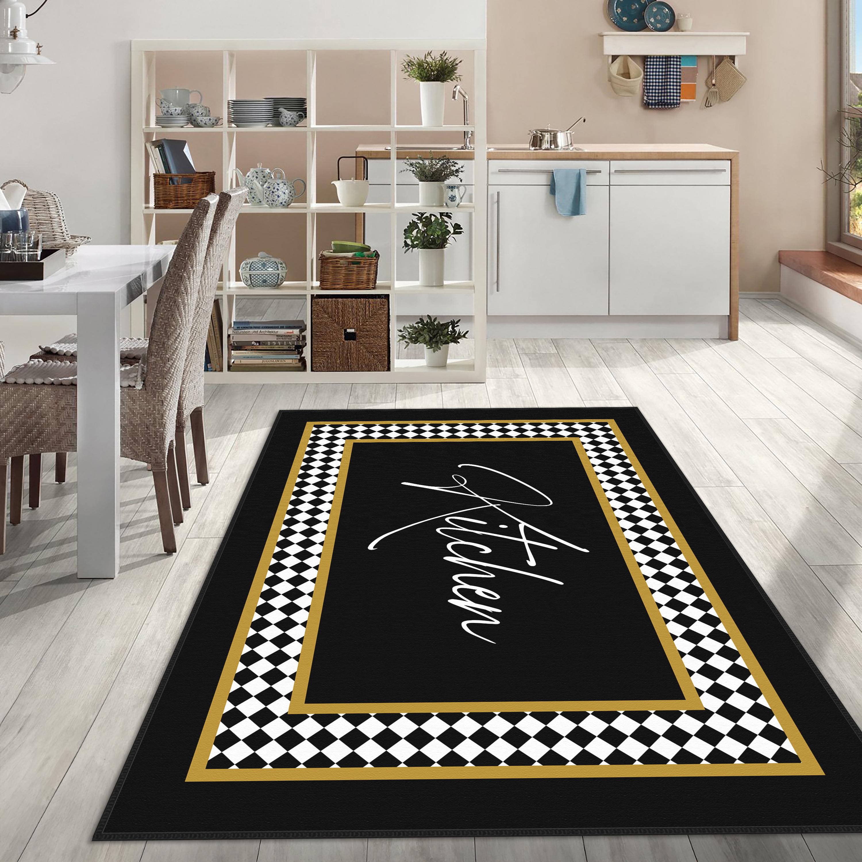 Kitchen Written Rug, White Black Checker Rug, Washable Rug, Kitchen Rug ...