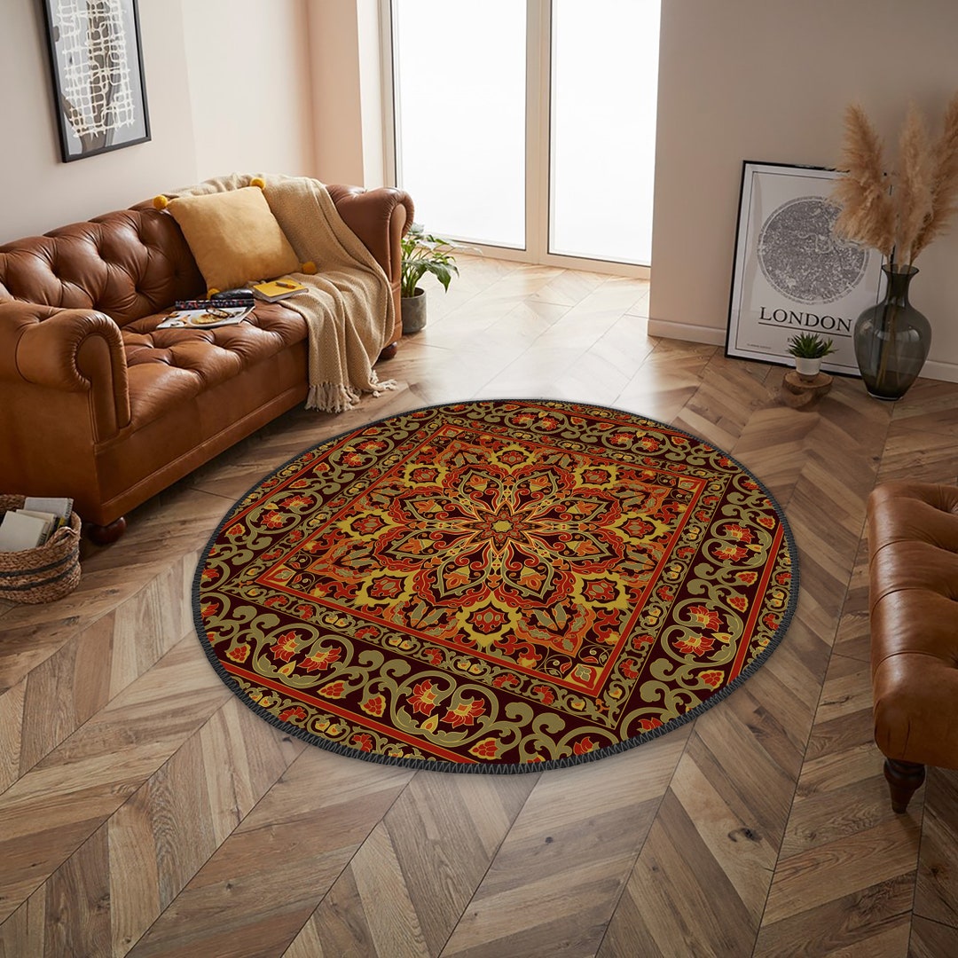 Floral Medallion Round Rug, Boho Chic Greek Key, Machine Washable - Etsy