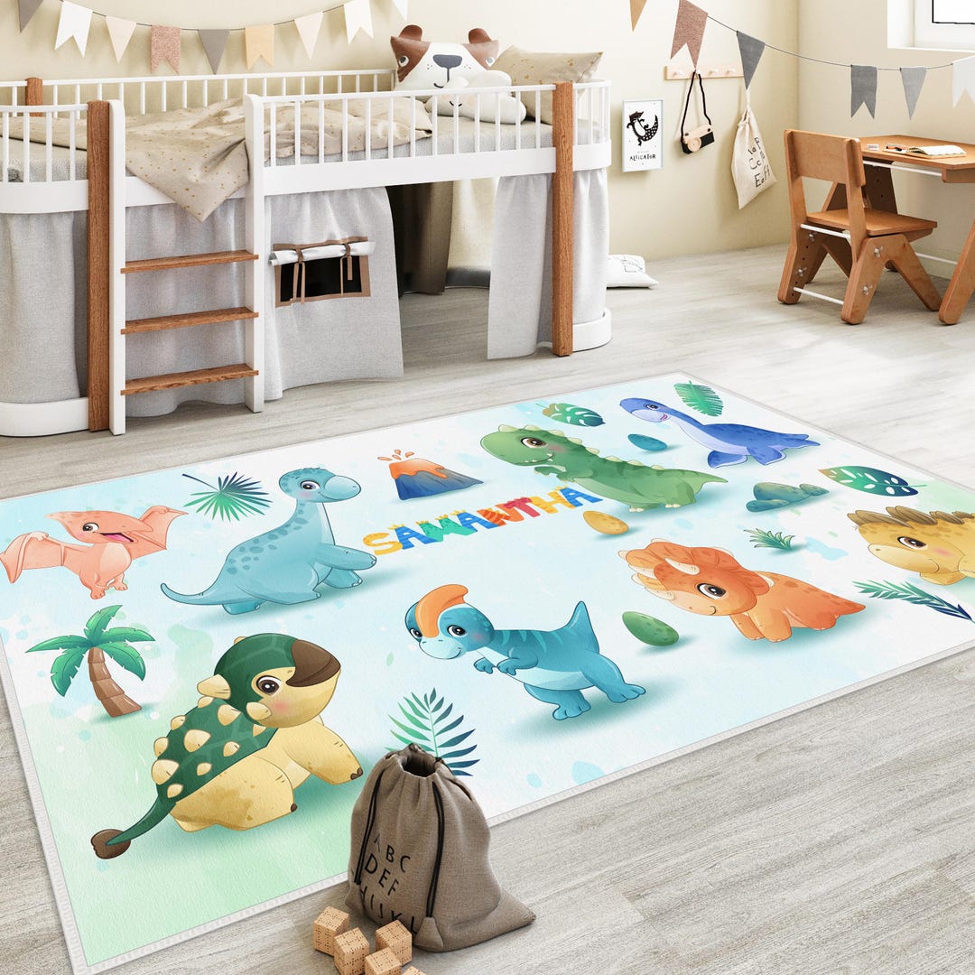 Dino Nursery Rug, Jurassic Playmat for Kids Room, Trex Toddler Round ...