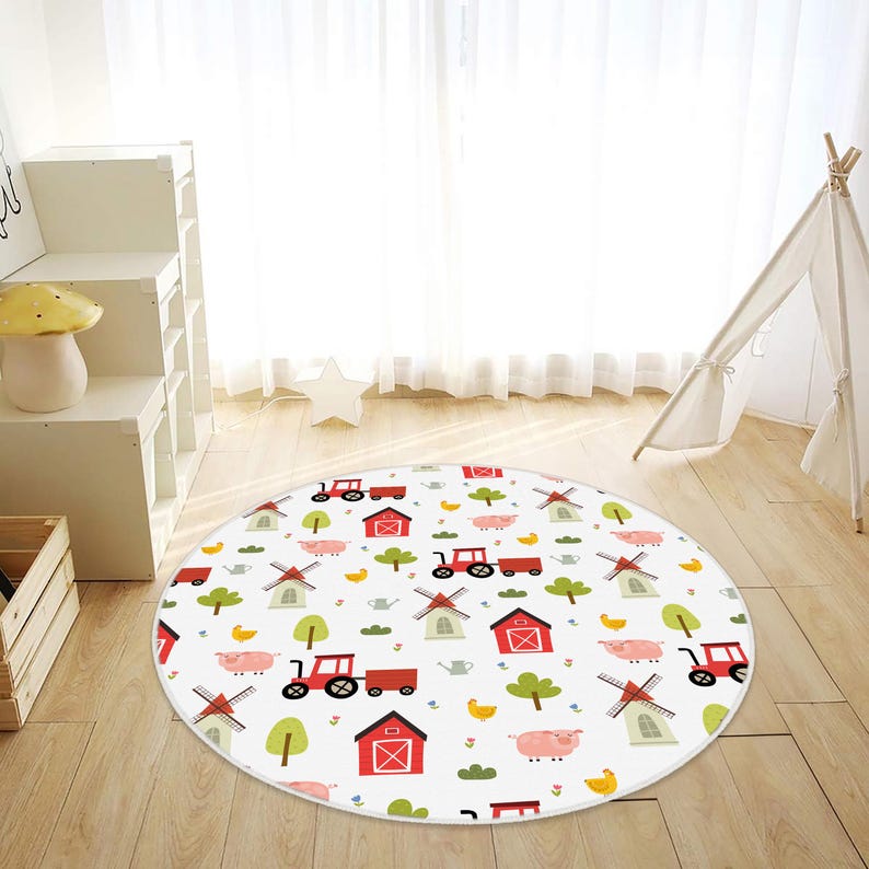 Farm Nursery Rug, Farm House Pattern Kids Nonslip Area Rug, Happy Farm ...