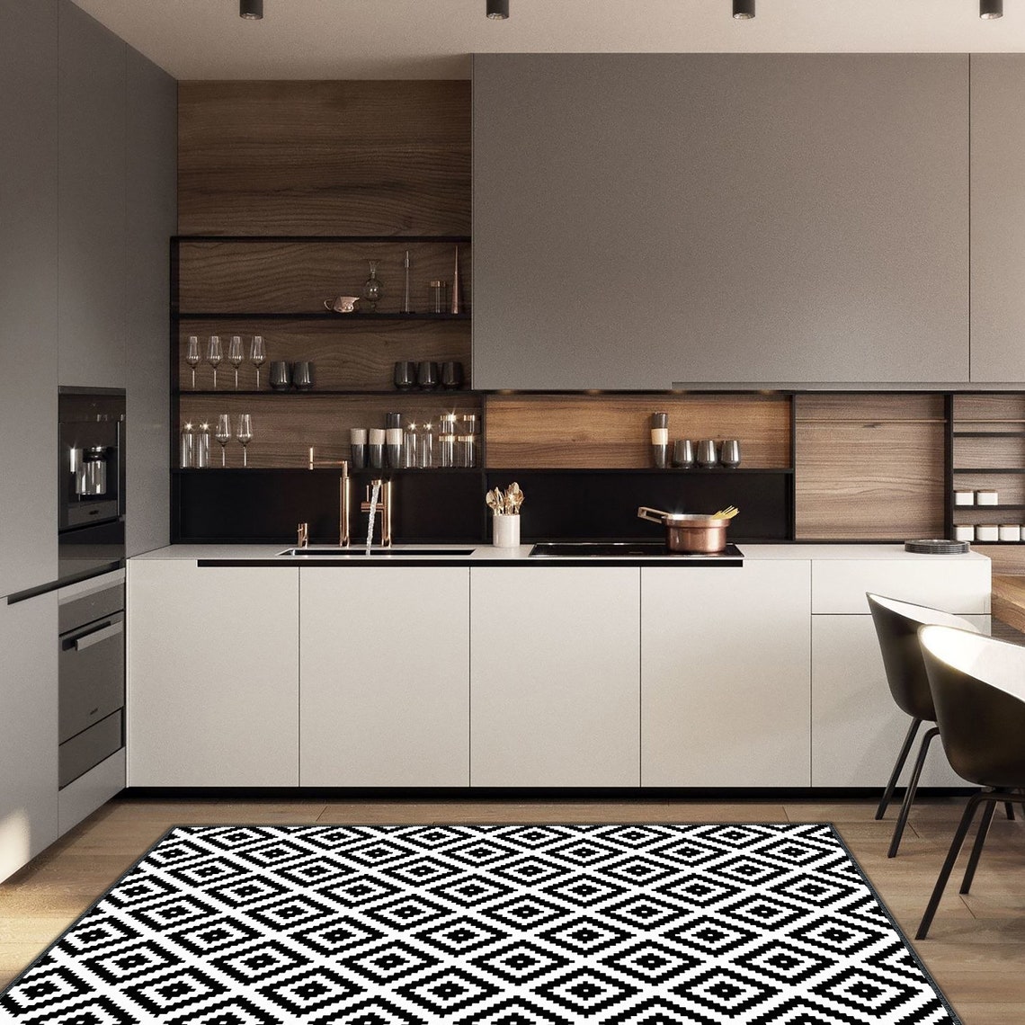 Light White-black Vinyl Runner Rug or Kitchen Runner Mat and Moroccan ...