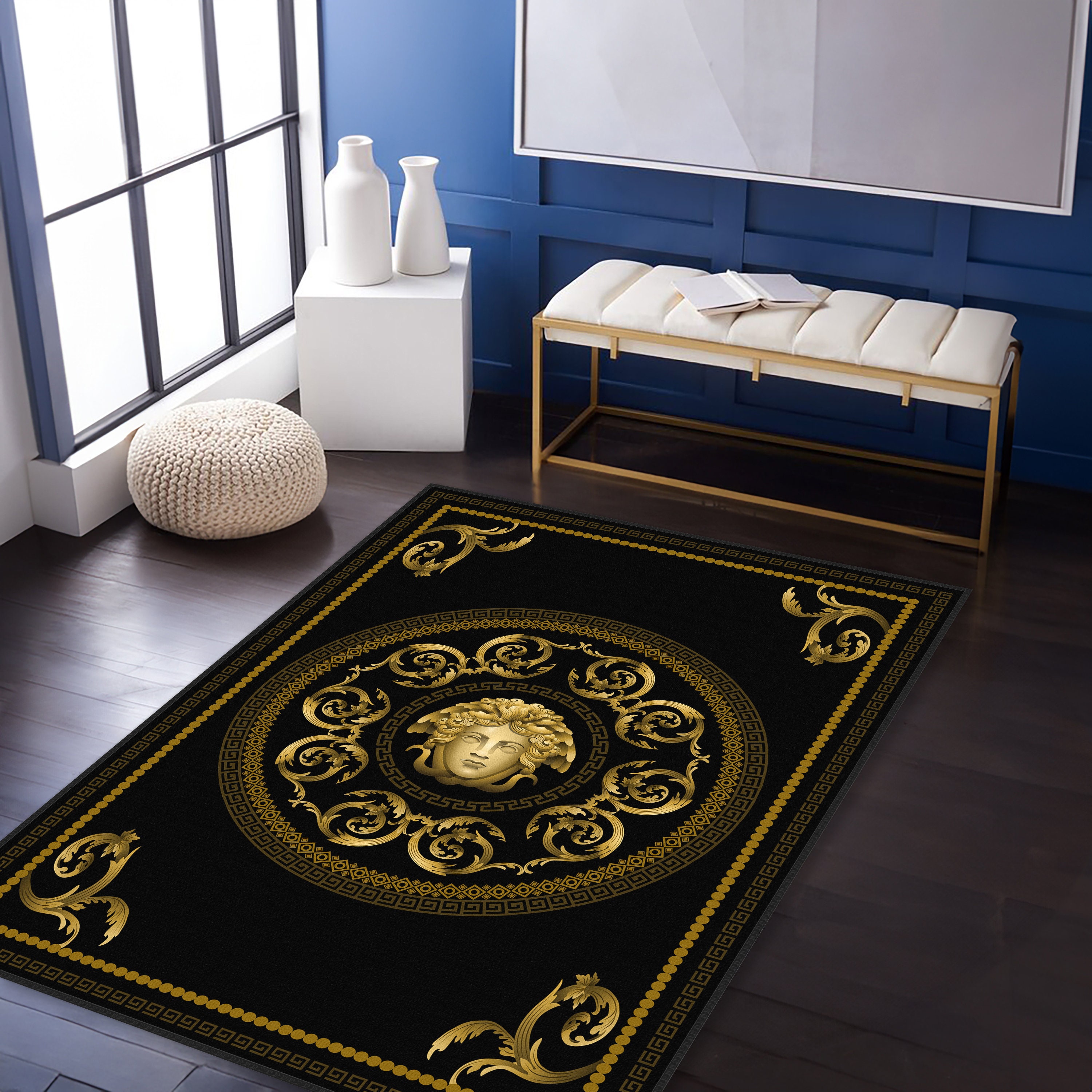 Black Gold Medusa Rug, Pattern Carpet, Cool Runner,gold Decorative ...