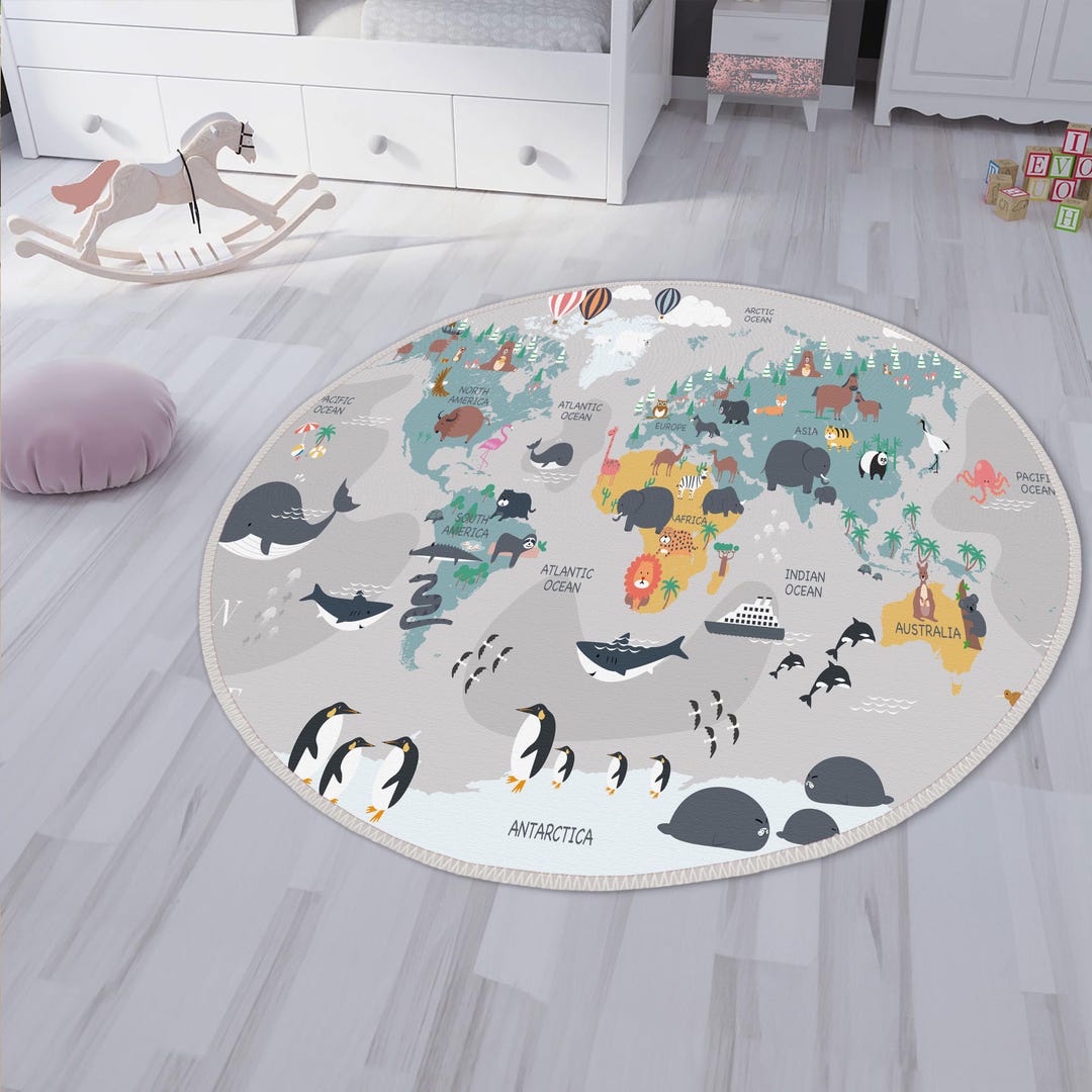 World Map Round Rug, World of Kids Rug, Nursery Rug, Play Rug, Play Mat ...
