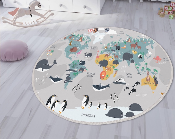 World Map Round Rug, World of Kids Rug, Nursery Rug, Play Rug, Play Mat ...