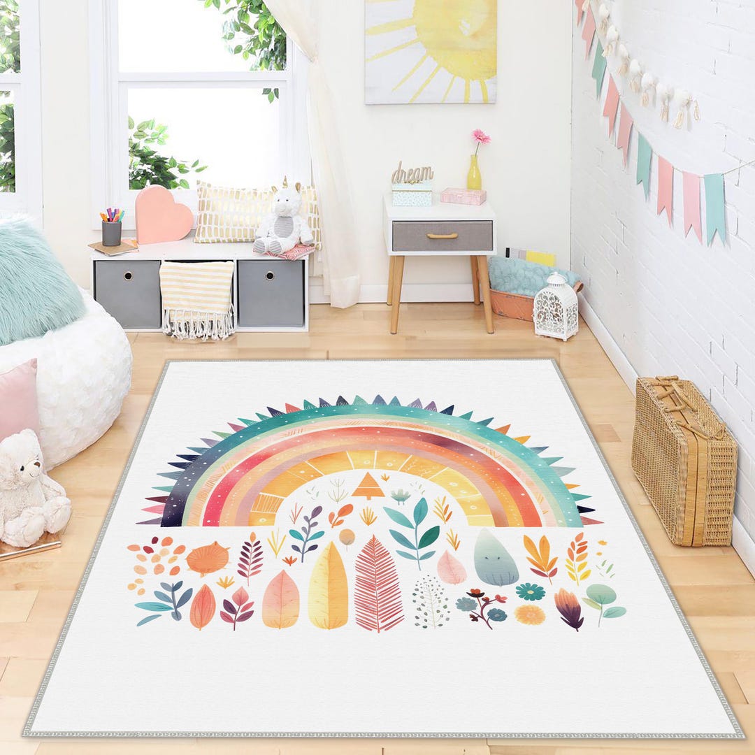 Rainbow Rug Nursery, Scandinavian Rainbow Rugs, Boho Nursery, Floral ...