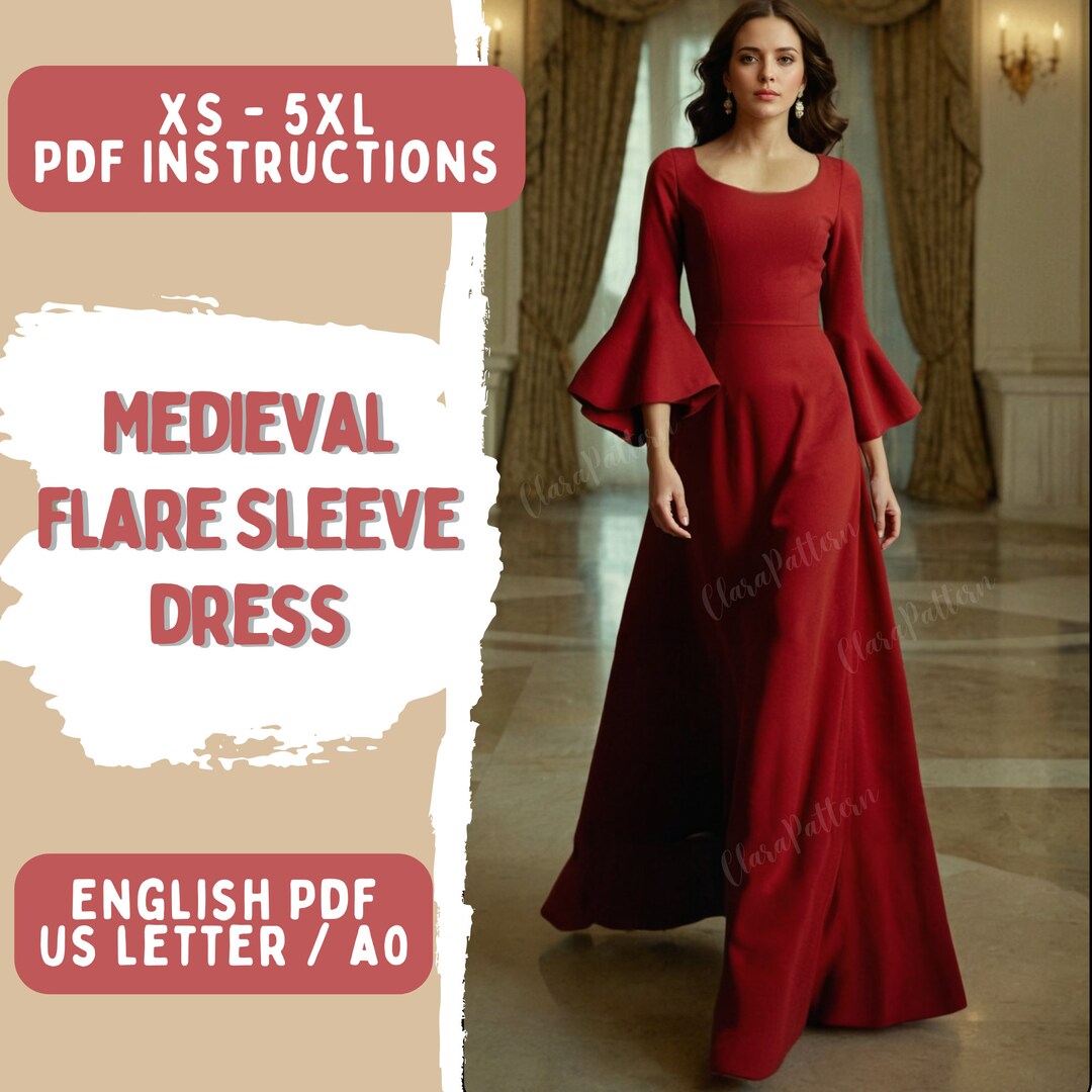 Medieval Dress Sewing Pattern Flare Sleeve Maxi Dress Pattern O Neck ...
