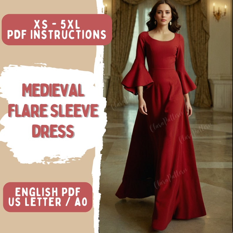 Bell Sleeve Maxi Dress Sewing Pattern: Elegant Evening Gown (PDF ...