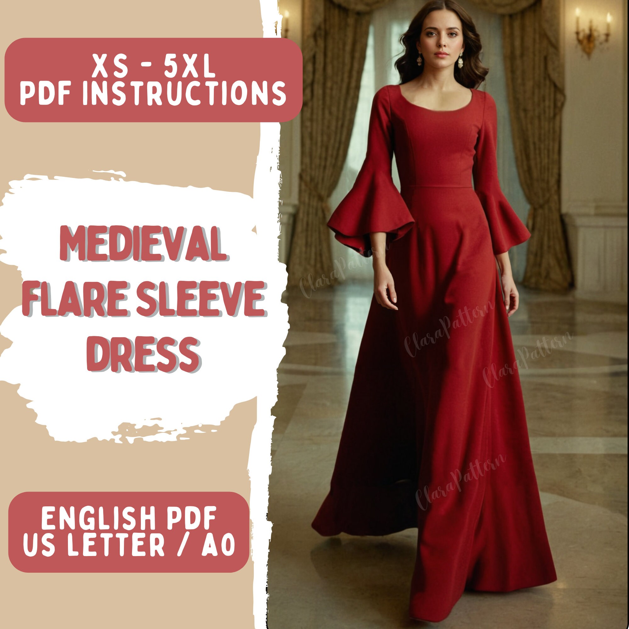 Bell Sleeve Maxi Dress Sewing Pattern: Elegant Evening Gown (PDF ...