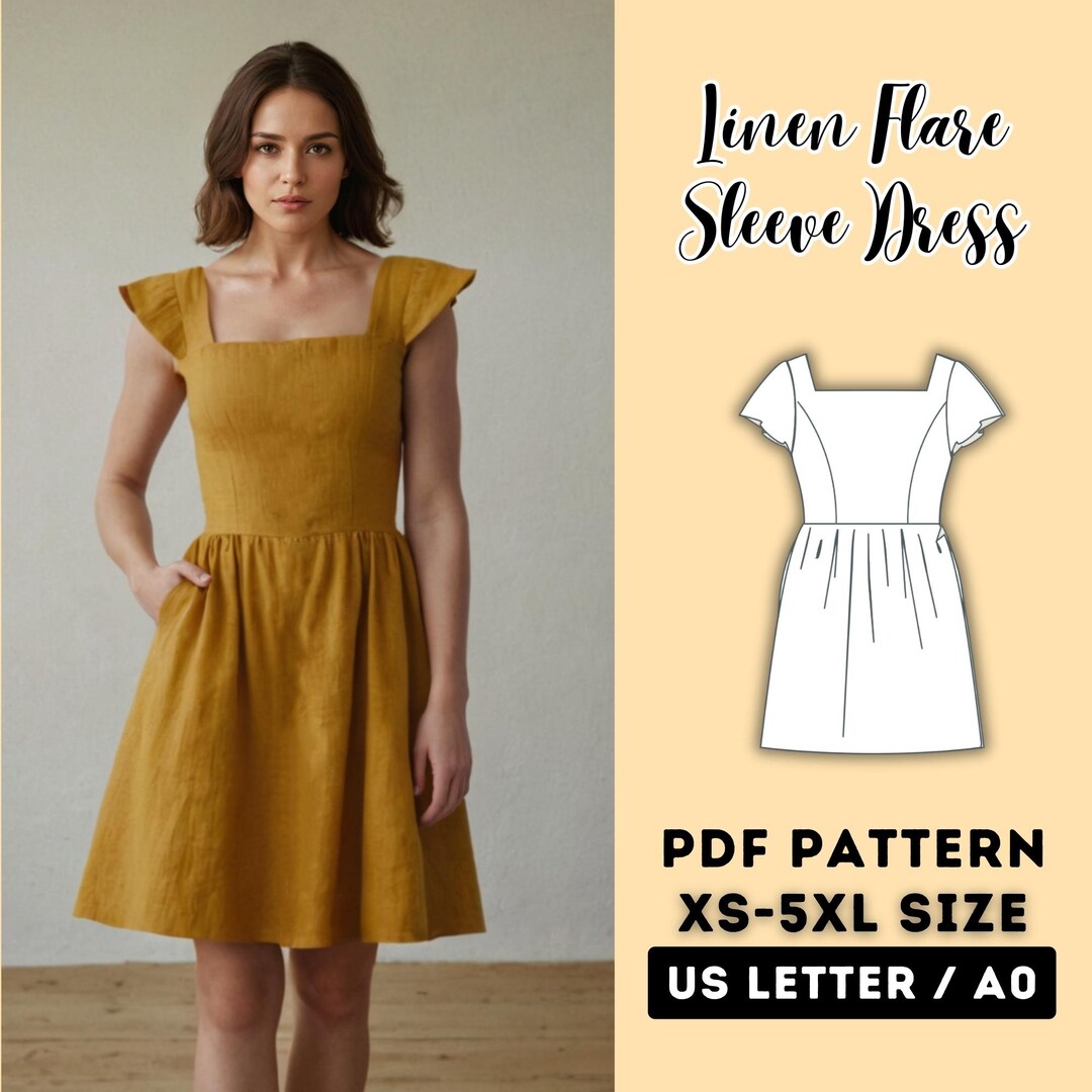 Gathered Linen Dress Sewing Pattern, Pockets Dress Pattern, Flare ...