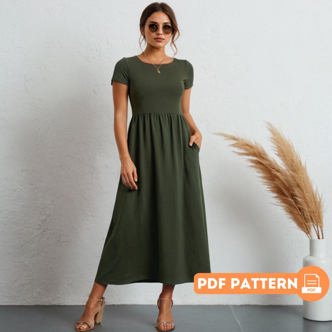 Casual Maxi Dress Sewing Pattern PDF, Short Sleeve Gathered Waist ...