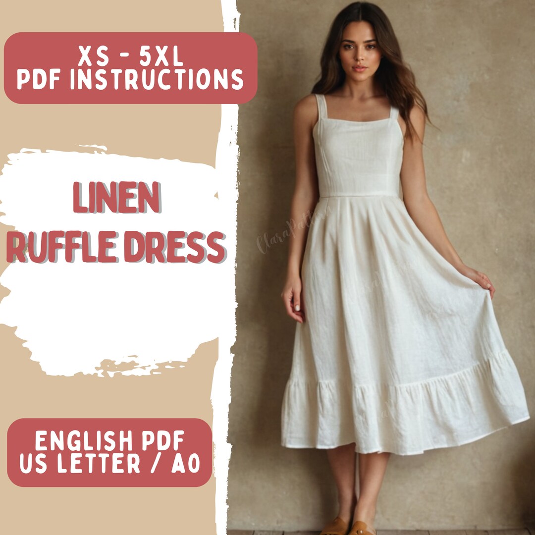 Linen Ruffle Dress Sewing Pattern: Sleeveless Straps, XS-5XL (PDF ...