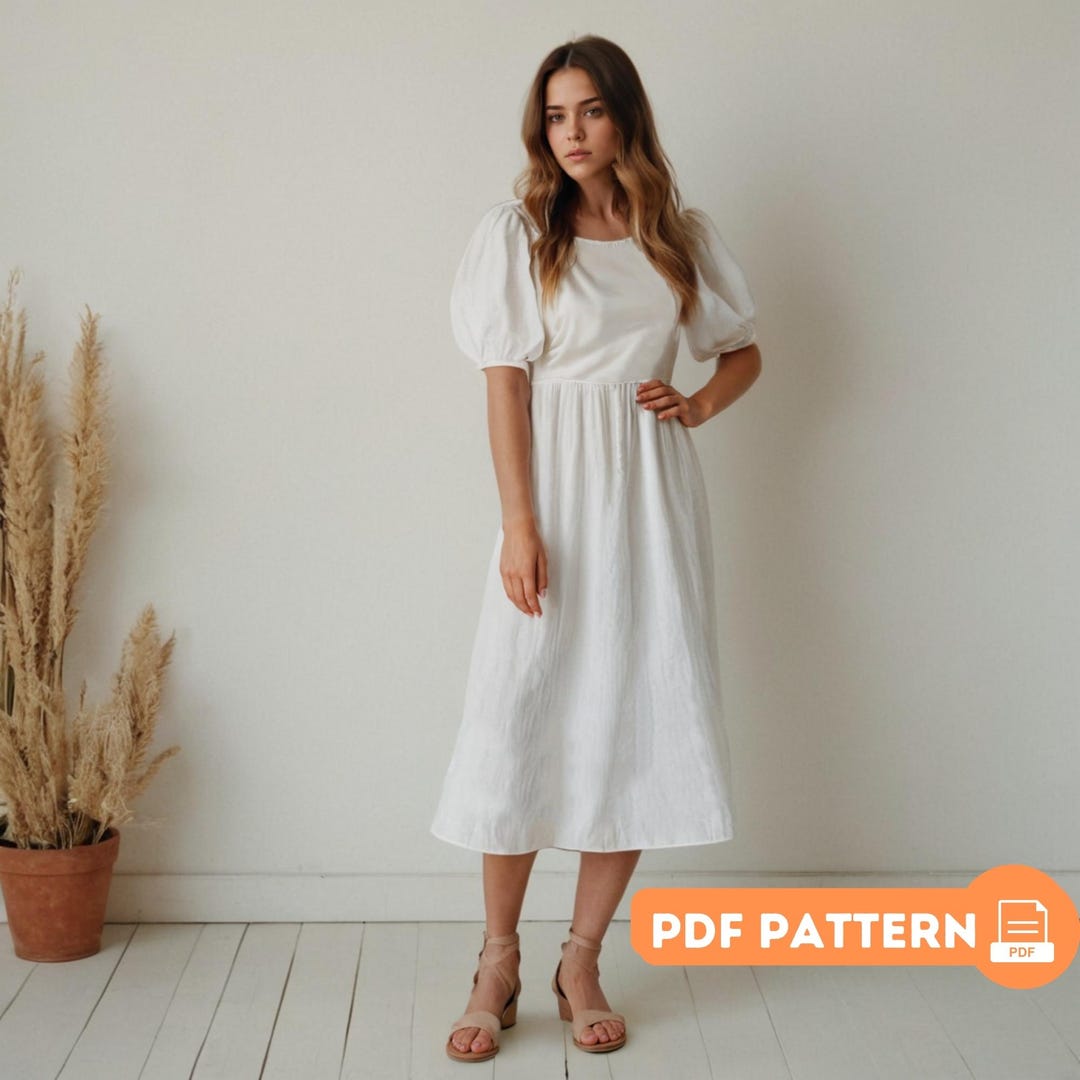 Bishop Sleeve Midi Dress Sewing Pattern PDF, DIY Linen Dress for Women ...