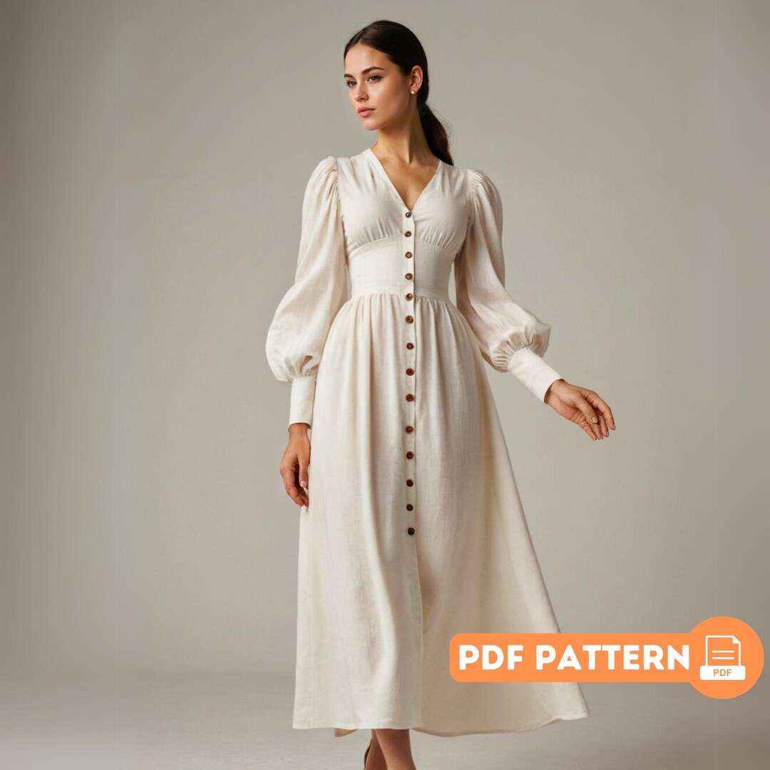 Button-front Maxi Dress Sewing Pattern PDF, DIY Puff Sleeve Cottagecore ...