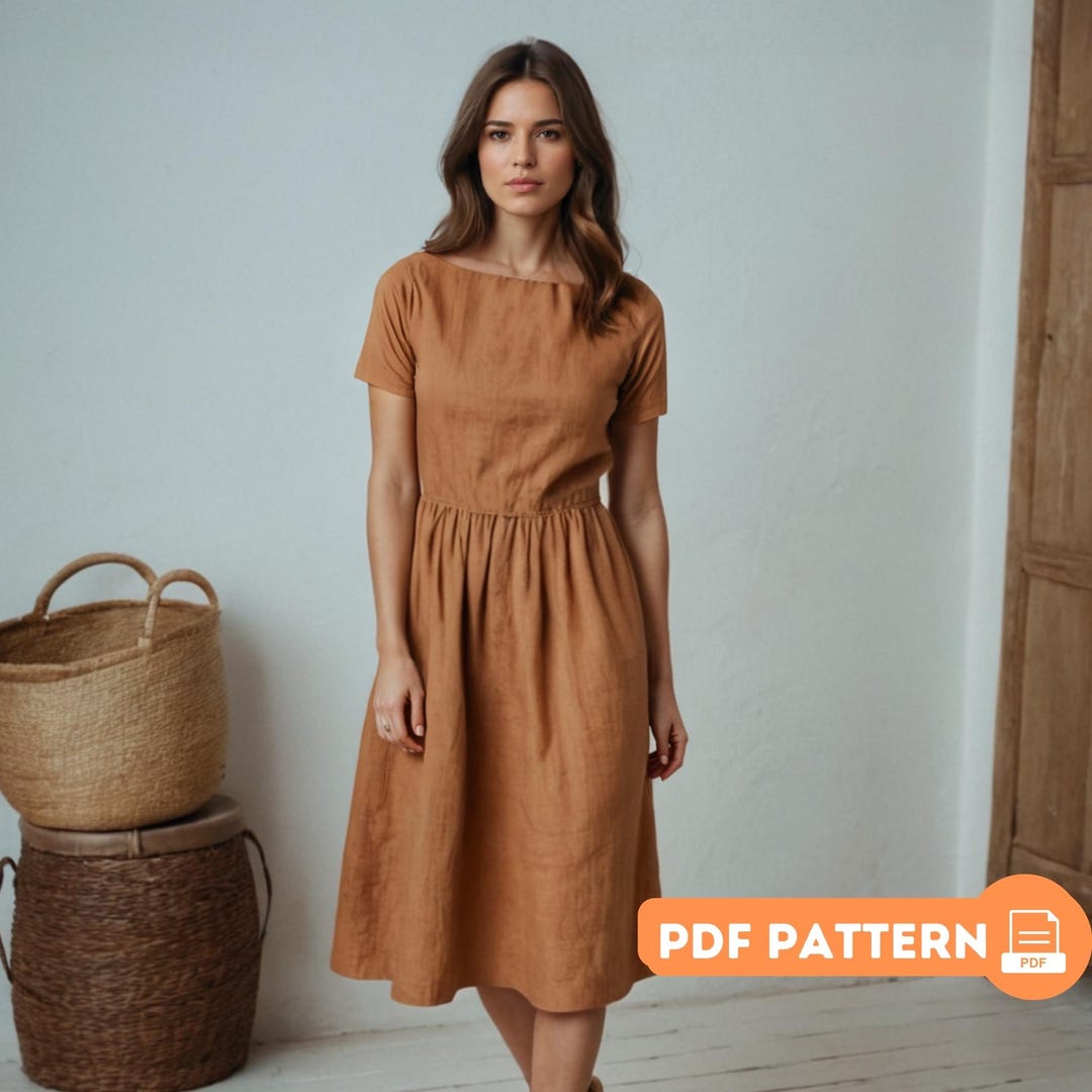 Short Sleeve Midi Dress Sewing Pattern PDF, DIY Linen Dress for Women ...