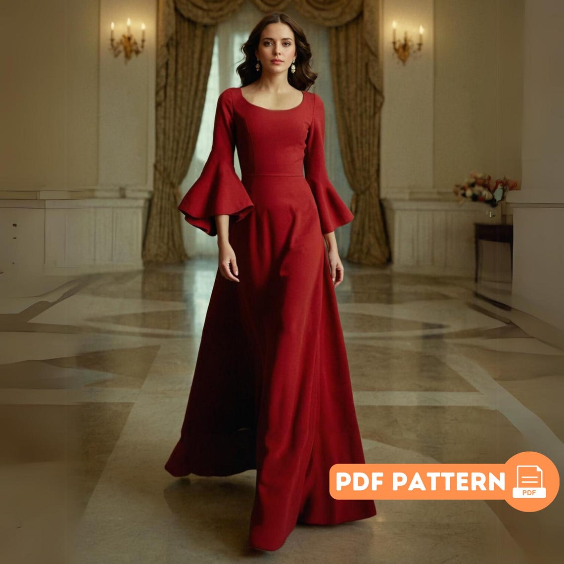 Bell Sleeve Maxi Dress Sewing Pattern: Elegant Evening Gown (PDF ...