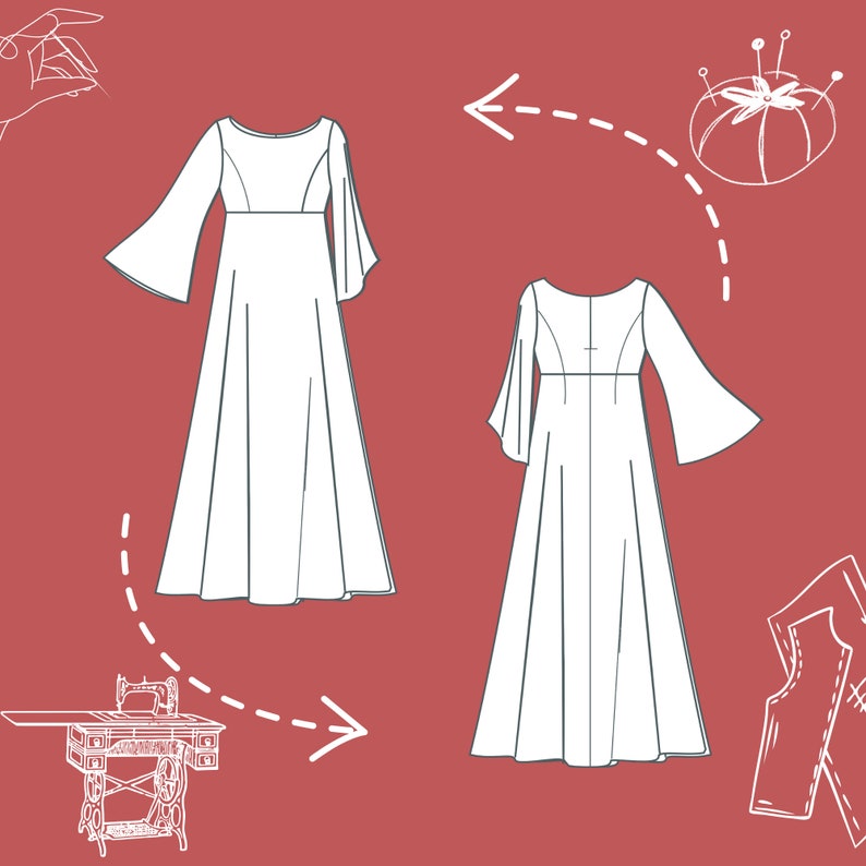 Bell Sleeve Maxi Dress Sewing Pattern: Elegant Evening Gown (PDF ...