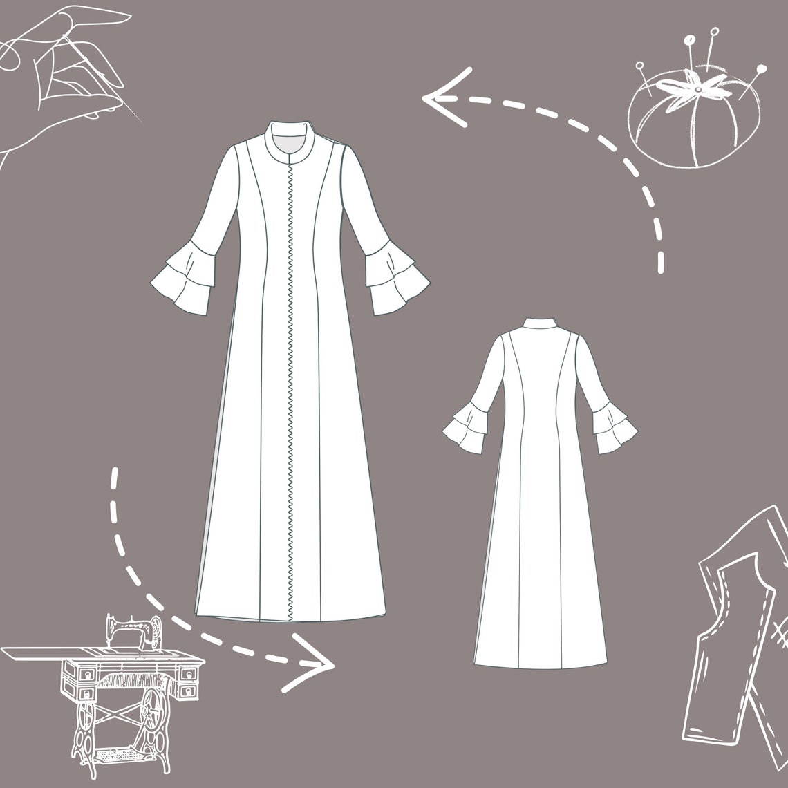 Ankara Maxi Dress Sewing Pattern: Bell Sleeves, Zipper Slit (PDF ...