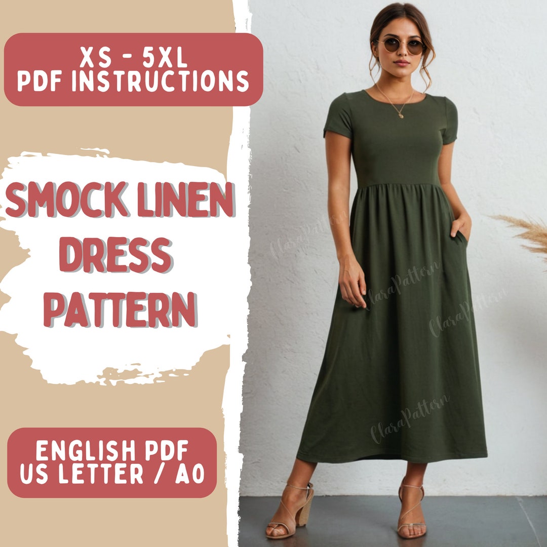 Women's Smock Linen Dress Sewing Pattern: Easy Gathered Style (PDF ...