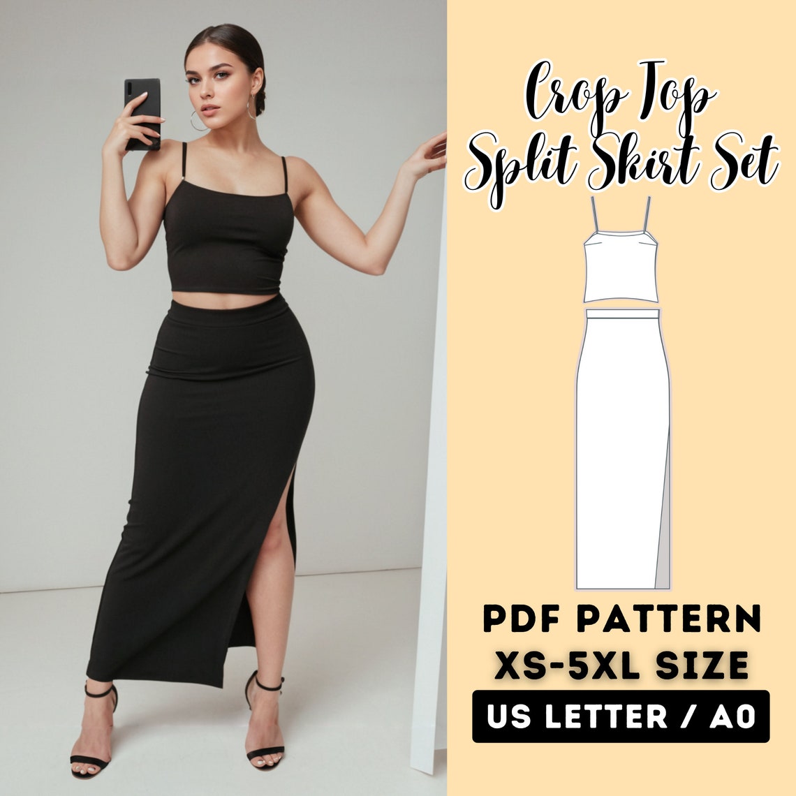 Split Skirt and Crop Top Sewing Pattern: Women's XS-5XL (PDF Pattern ...