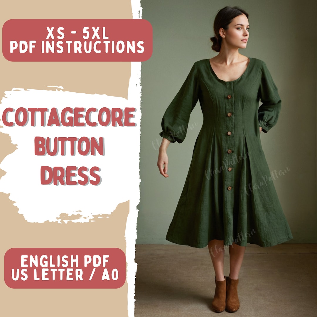 Linen Button-down Dress Sewing Pattern: Bishop Sleeve (PDF Pattern XS ...