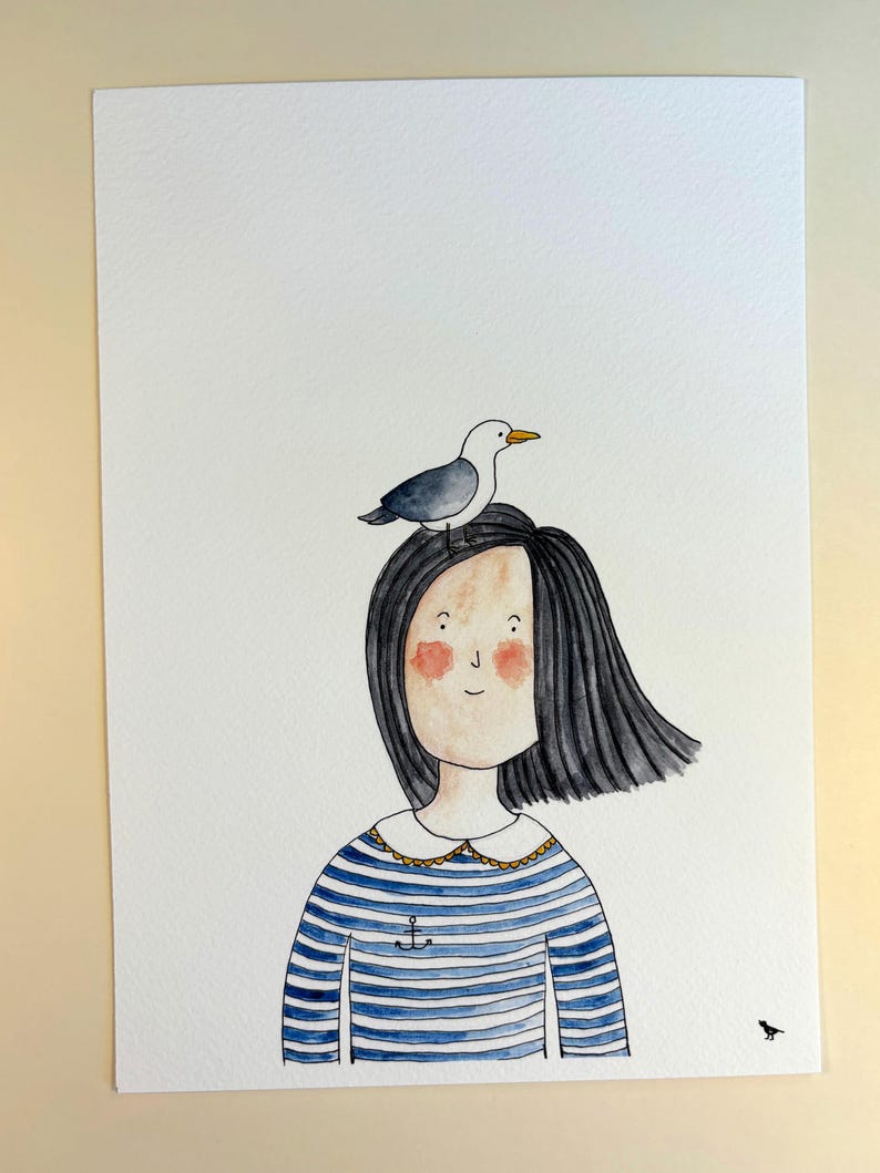 Cute Girl With a Seagull on Her Head - Fine Art Print, Handmade ...
