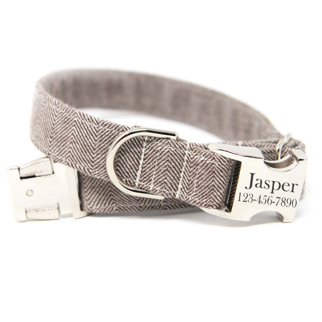 Herringbone Dog Collar Beige Fall Collar Engraved Dog Collar Custom Dog ...