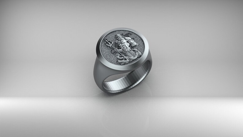 Poseidon With Trident Circle Signet Ring, Ancient Greek God of the Sea ...