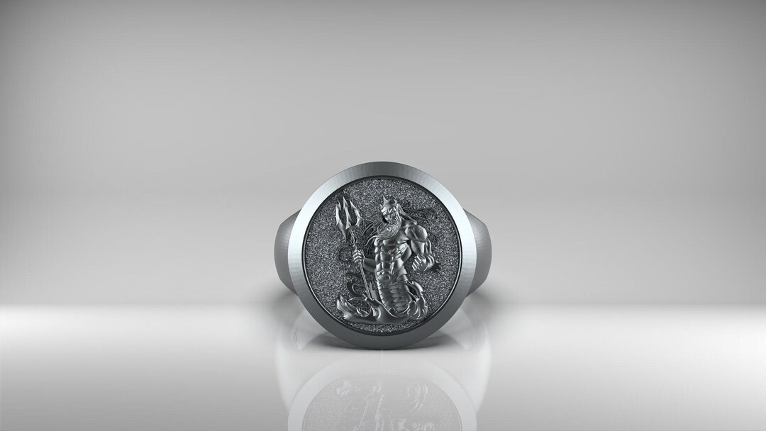 Poseidon With Trident Circle Signet Ring, Ancient Greek God of the Sea ...
