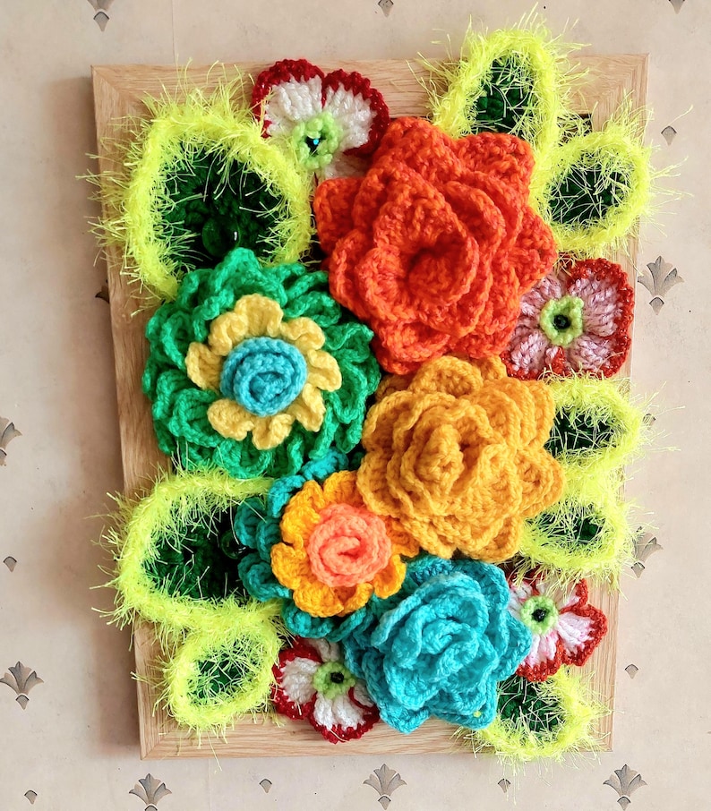 Crochet Flower Wall Art: Framed Floral Picture, Rustic Decor - Etsy