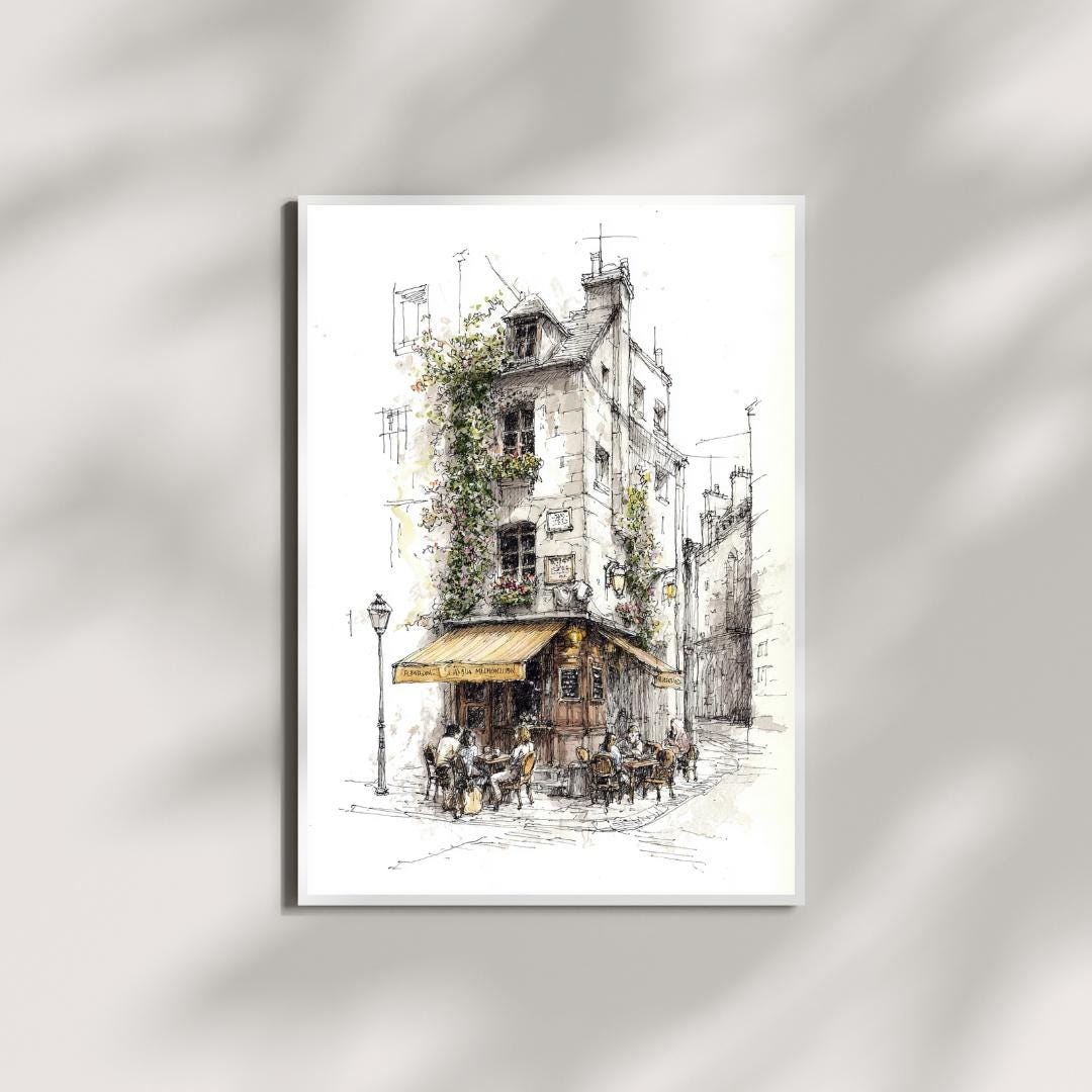 Paris Cafe Wall Art Print, Watercolour Sketch, French Street Scene ...