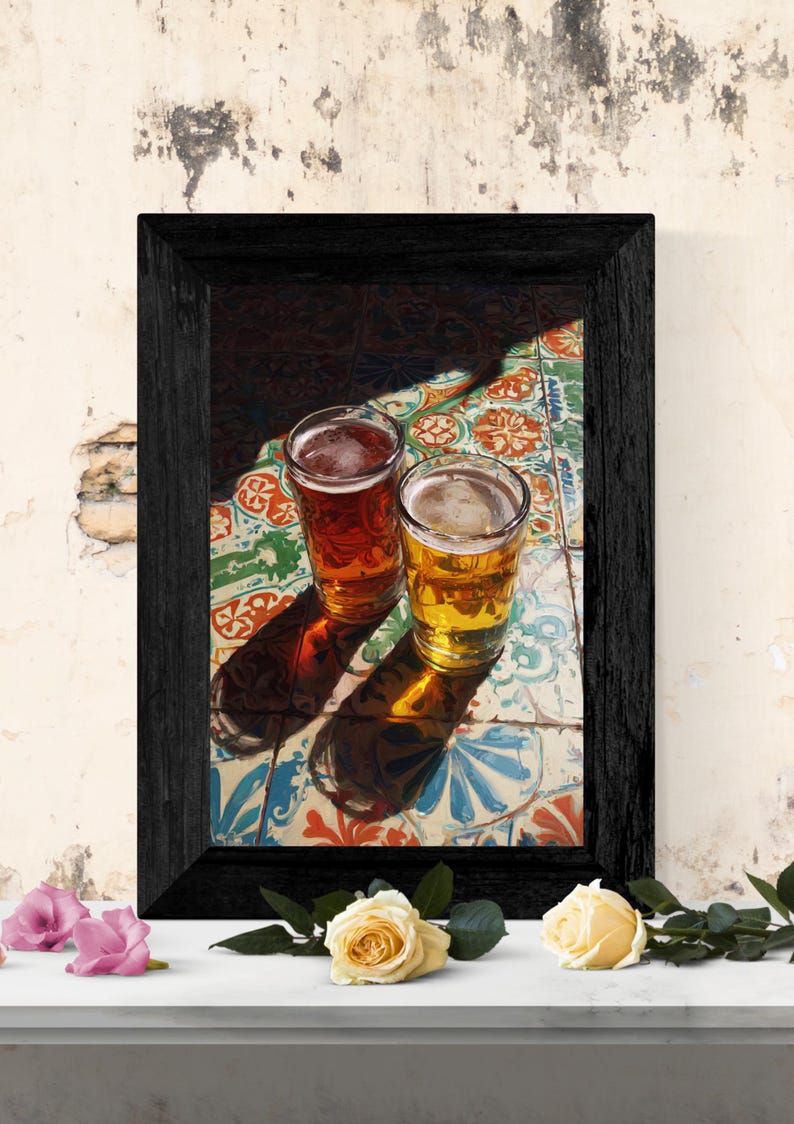 Colourful Beer Art Print, Pint Glass Painting, Spanish Tile Table ...