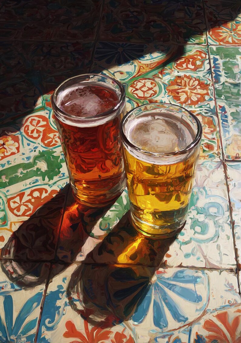 Colourful Beer Art Print, Pint Glass Painting, Spanish Tile Table ...