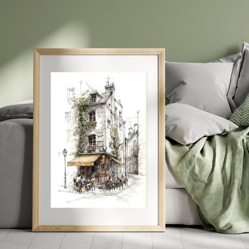 Paris Cafe Wall Art Print, Watercolour Sketch, French Street Scene ...