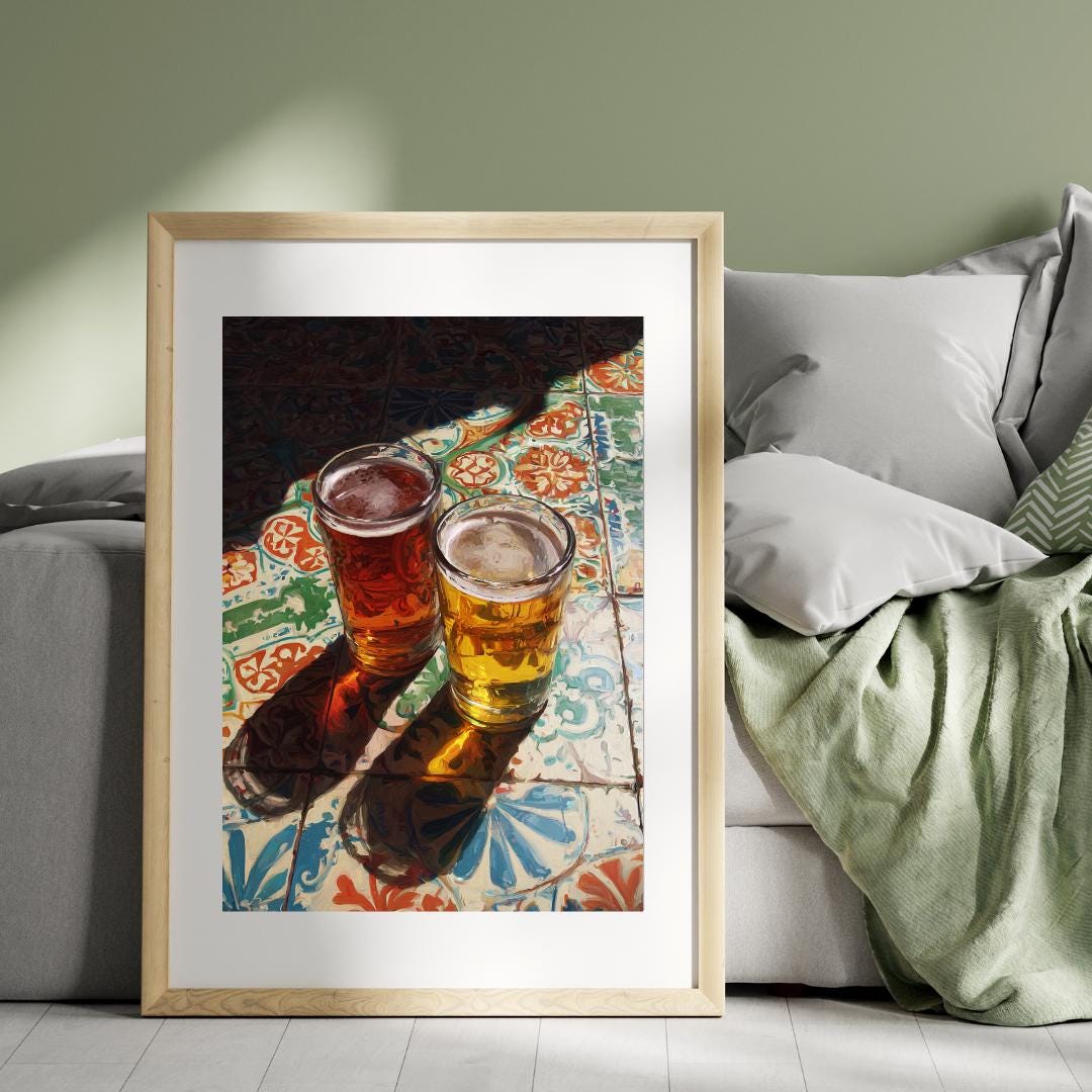 Colourful Beer Art Print, Pint Glass Painting, Spanish Tile Table ...