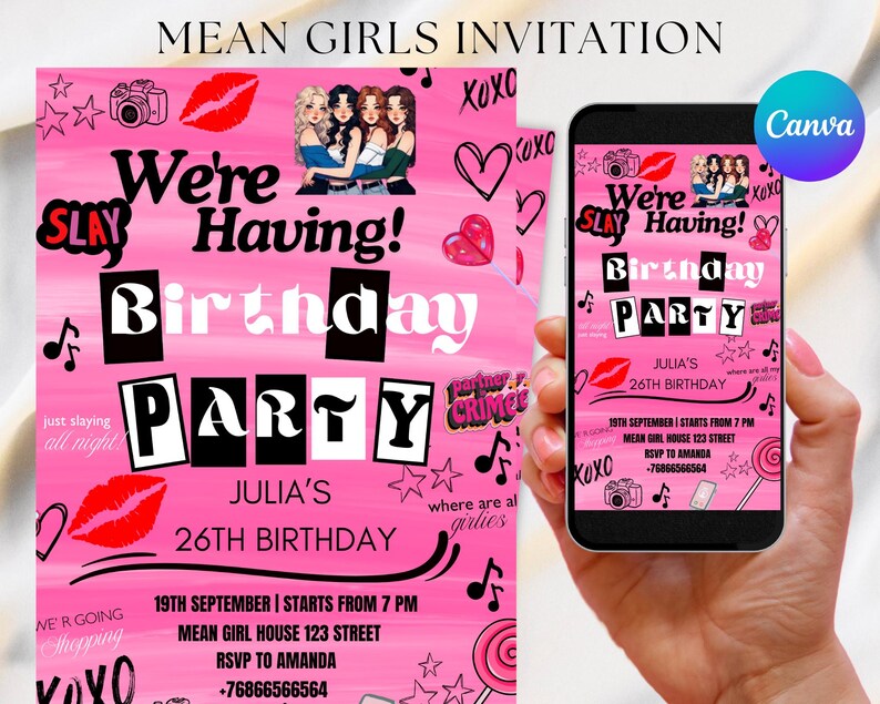 Mean Girls Inspired Birthday Invitation, Mean Girl's Night Party, Pink ...